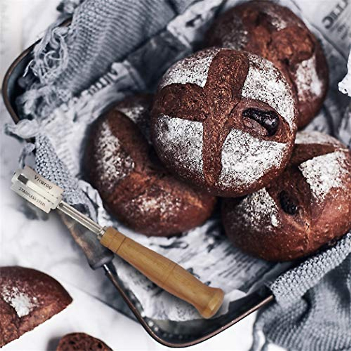 Amytalk Bread Lame with Replaceable 5 Blades, Bread Lame Dough Scoring tool with Wooden Handle, Lame Bread Slashing Tool, Bakers Lame for Cutting Bread