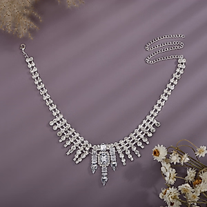 YERTTER Dainty Silver Full Rhinestone Chain Sparkly Collar Chain Choker Statement Tassel Crystal Choker Necklace Adjustable for Party Music Bar Women （Silver 4）