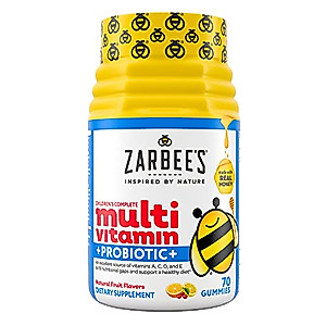 Zarbee's Kid's Complete Multivitamin + Probiotic Gummies with Vitamins A; B; C; D; E & zinc for Digestive Health; Easy To Chew; Kids Daily Multivitamin Gummies; Natural Fruit; 70 Count
