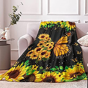 Throw Blanket Sunflower Butterfly Flannel Fleece Blanket, Comfy Throw Blanket Lightweight Sunflower Butterfly Blanket for Bed, Soft Fluffy Blanket for Aldults Women Men Valentines Day- 60x50 Inches