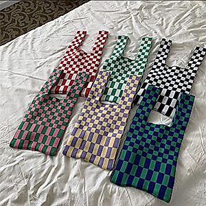 Checker Black & White Checkered Checkboard Knit Tote Bag (Green White), Women Ribbed Market Bag, Fun Style Knitted Tote