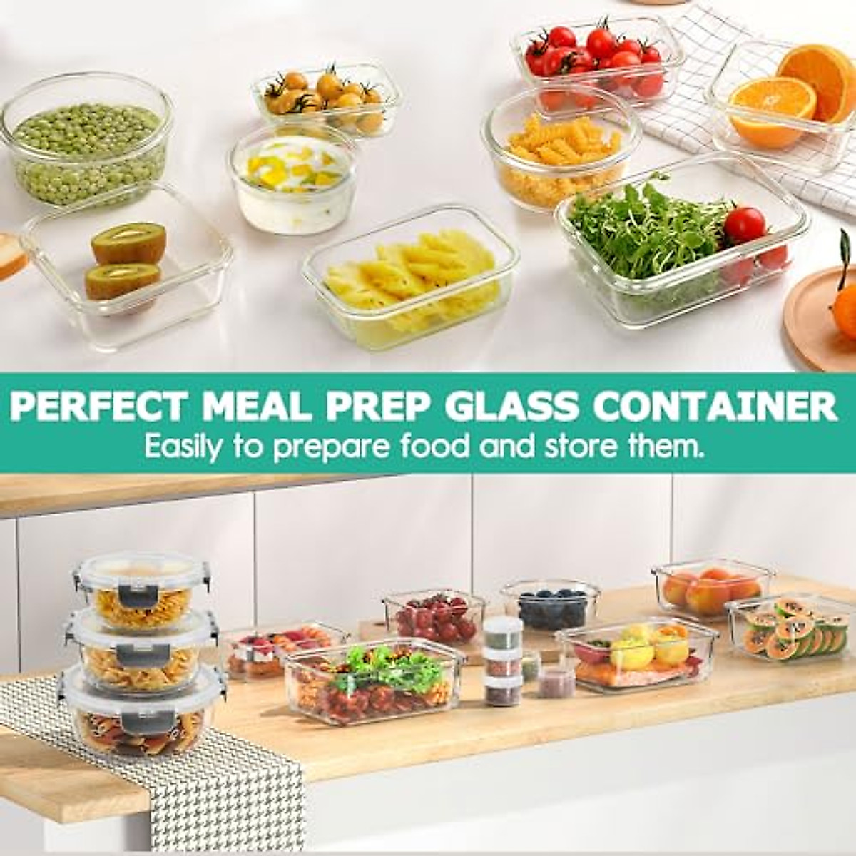 AMALEKO 17Set Glass Food Storage Containers with Lids Set, Leak-Proof Glass Meal Prep Containers BPA-Free, Airtight Containers for Food Storage, Lunch Containers for Office