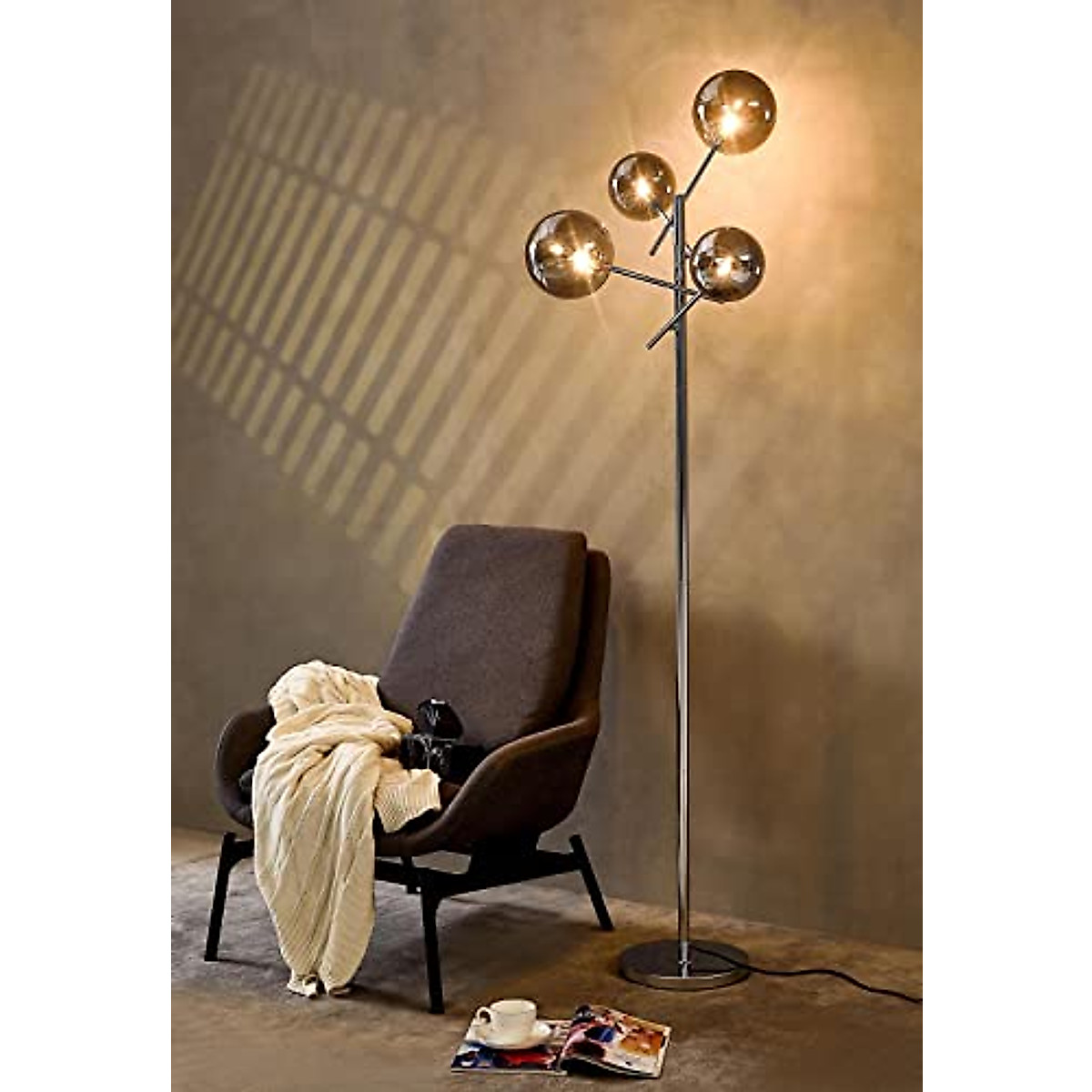 Surpars House Sputnik Chandelier Floor Lamp, 4 Lights Globe Floor Light with Smoky Grey Glass Shade,Chrome