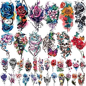 77 Sheets Flowers Temporary Tattoo, 17 Sheets Half Arm Rose Butterfly Snake Skull Fake Tattoos for Adults Arm Neck, 60 Sheets Tiny Realistic Temporary Tattoos Waterproof for Women Girls and Kids