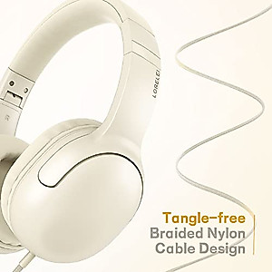 LORELEI E5 Wired Headphones for Kids Foldable & 3.5mm Jack Tangle Free Nylon Wire Stereo On Ear Headsets for Kids/Children/School/Tablet/Ipad/Kiddle/Plane (Beige White)