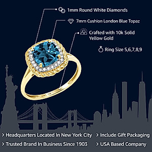 Gem Stone King 10K Yellow Gold Gemstone Birthstone and White Diamond Engagement Ring | Cushion 7MM | Wedding Engagement Anniversary Promise Gold Ring For Women