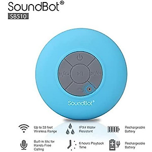 Soundbot SB510 Bluetooth Shower Speaker HD Water Resistant Bathroom Speakers, Handsfree Portable Speakerphone with Built-in Mic, 6hrs of Playtime, Control Buttons and Dedicated Suction Cup (Blue)