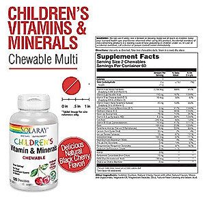 SOLARAY Childrens Vitamins & Minerals | Complete Multivitamin for Kids | Great Black Cherry Flavor (120 Chews, 60 Serv)
