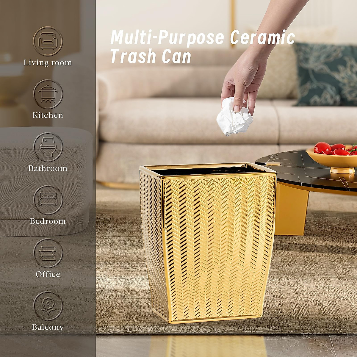 JOLOSK Bathroom Trash Can, Stylish Garbage Container Bin for Living Room, 1.32 Gallon/5 Liters Gold Small Trash Can, Waste Basket for Bathroom, Kitchen, Office, Bedroom-Room Decor