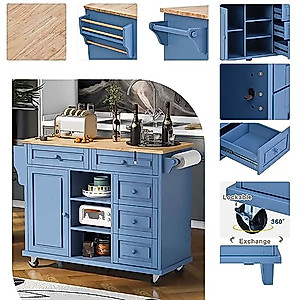 OTRIEK Kitchen Island, Kitchen Cart for Home with Rubber Wood Desktop, Rolling Serving Utility Trolley Cart on Wheel with Storage and 5 Draws, Kitchen Serving Cart for Dining Room, Bar (AAG-Blue)