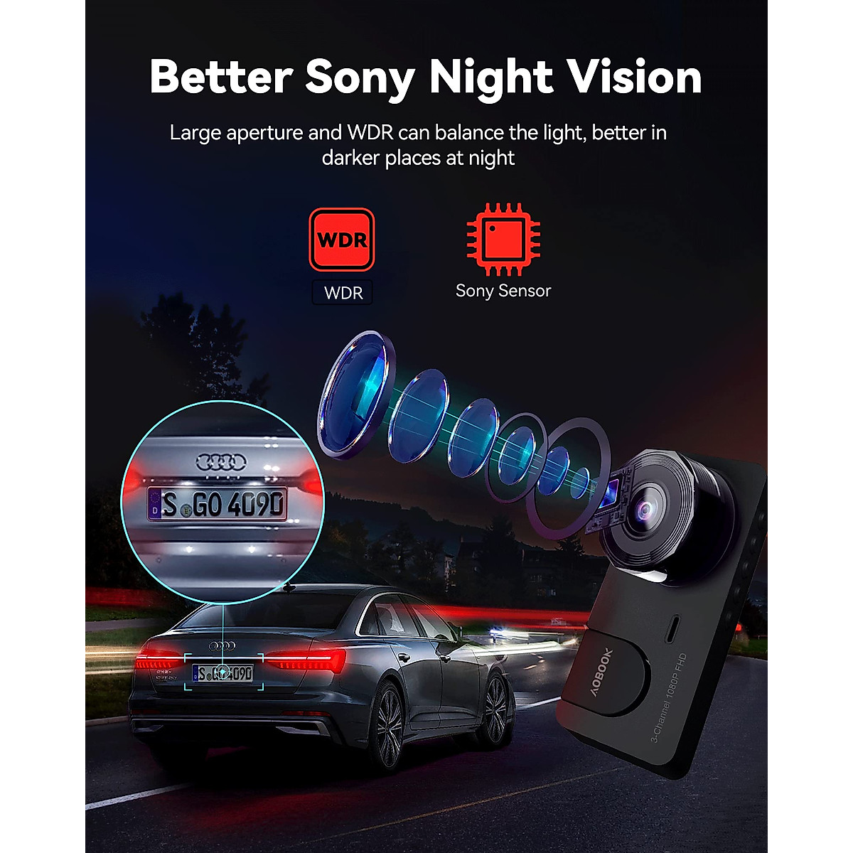 Dash Cam Front and Rear Inside, 3 Channel Dash Camera 1080P Full HD with 32GB SD Card, Car Camera with 2.0’’ IPS Screen, Night Vision, WDR, G-Sensor, Loop Recording, Parking Mode, Motion Detection