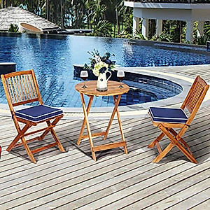 Tangkula 3 PCS Patio Folding Bistro Set, Outdoor Acacia Wood Chair and Table Set w/Padded Cushion& Round Coffee Table, Ideal for Indoor Patio Poolside Garden (Navy Blue)