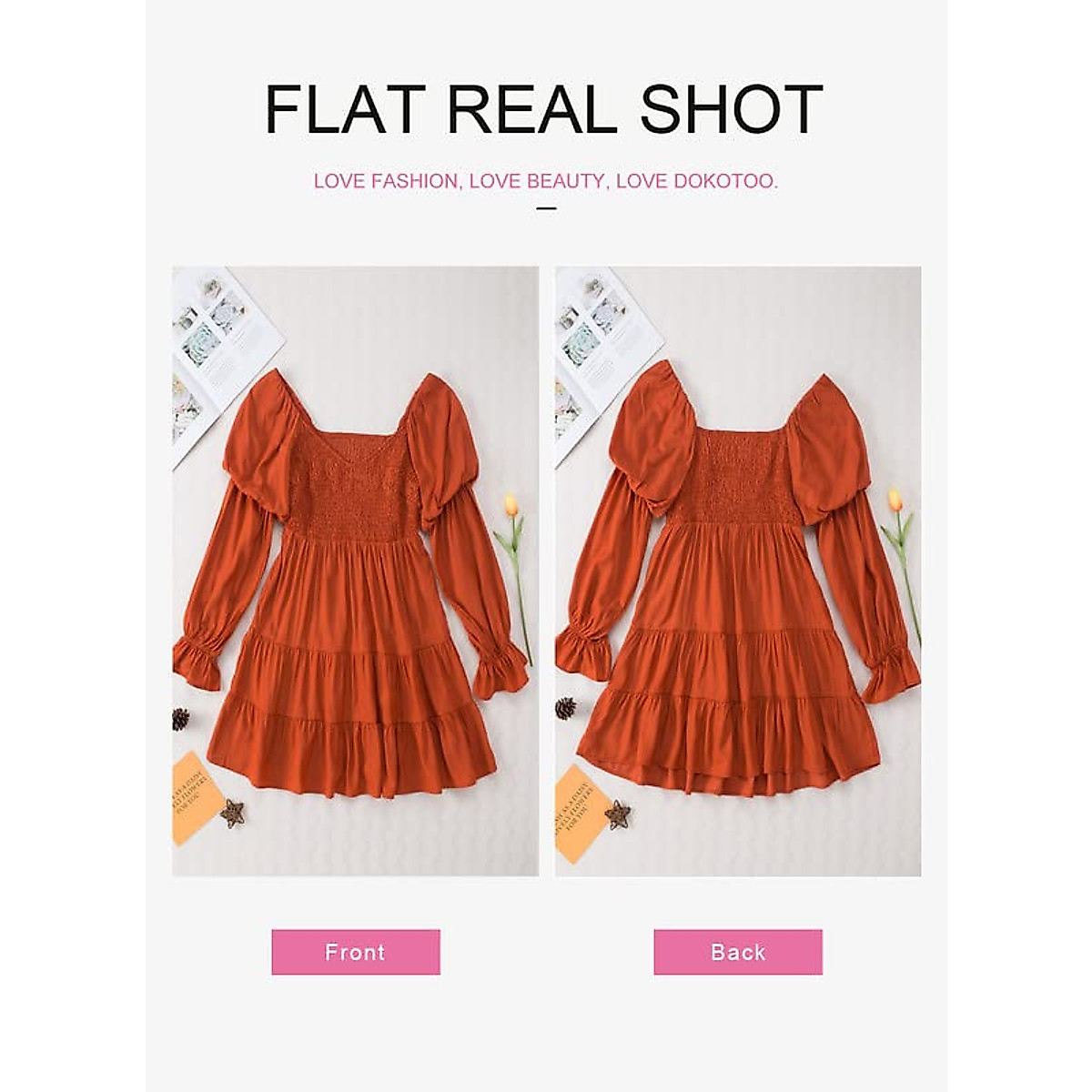 Dokotoo Women's Ladies Spring Casual Summer Dresses Casual Sexy Off The Shoulder Square V Neck Flared Long Sleeve Cute Ruffle Smocked Elegant Mini Short Birthday Dresses for Women Brown Small