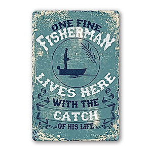 Fishing Decor Vintage Fishing Tin Signs For Man Cave Sign Fishing Wall Art Funny Garage Signs For Men Fish Cabin Lake House Metal Sign Gifts For Fisherman One Fine Fisherman Lives Here With The Catch Of His Life Sign 8x12 Inches