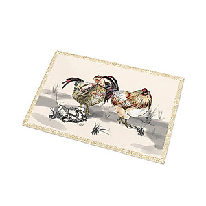 Shag Door Mats Bath Rugs Farmhouse Rooster Ink Art Oriental Art,Soft Fluffy Doormats Non Slip Carpet Farm Animal Retro Border,Shaggy Fuzzy Area Throw Rug for Kitchen/Bathroom/Bedroom 16x24In