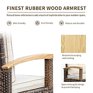 MEISSALIVVE Patio Furniture Sets, 6 Pieces Outdoor Rattan Furniture Conversation Sets with 2 Wood Armrests Swivel Rocker Chairs, 2 Ottoman, 3-seat Sofa and Coffee Table(Brown)