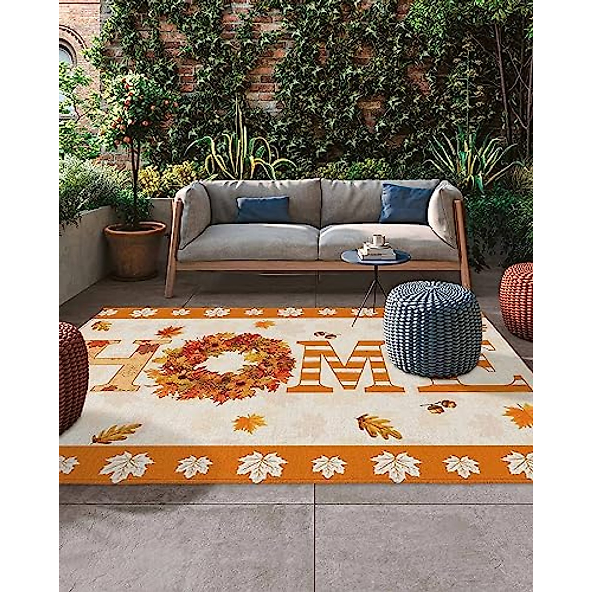 Outdoor Area Rug for Patio,Fall Thanksgiving Home Quotes Maple Leaf Camping Rugs Indoor Large Floor Mat 4x6ft,Sunflower Wreath Linen Outside Carpet for Deck RV Picnic Porch Backyard Bedroom