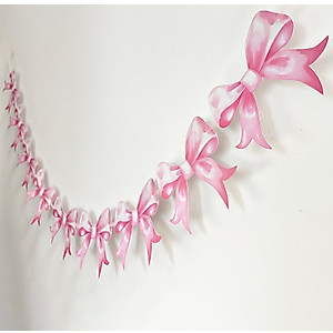 Pink Bow Garland+24Pcs Bow Cupcake Toppers,Bow Banner, Shower Decor,Pink Welcome Baby,Dessert Table Bunting,Coquette Theme Decorations,Double Sided