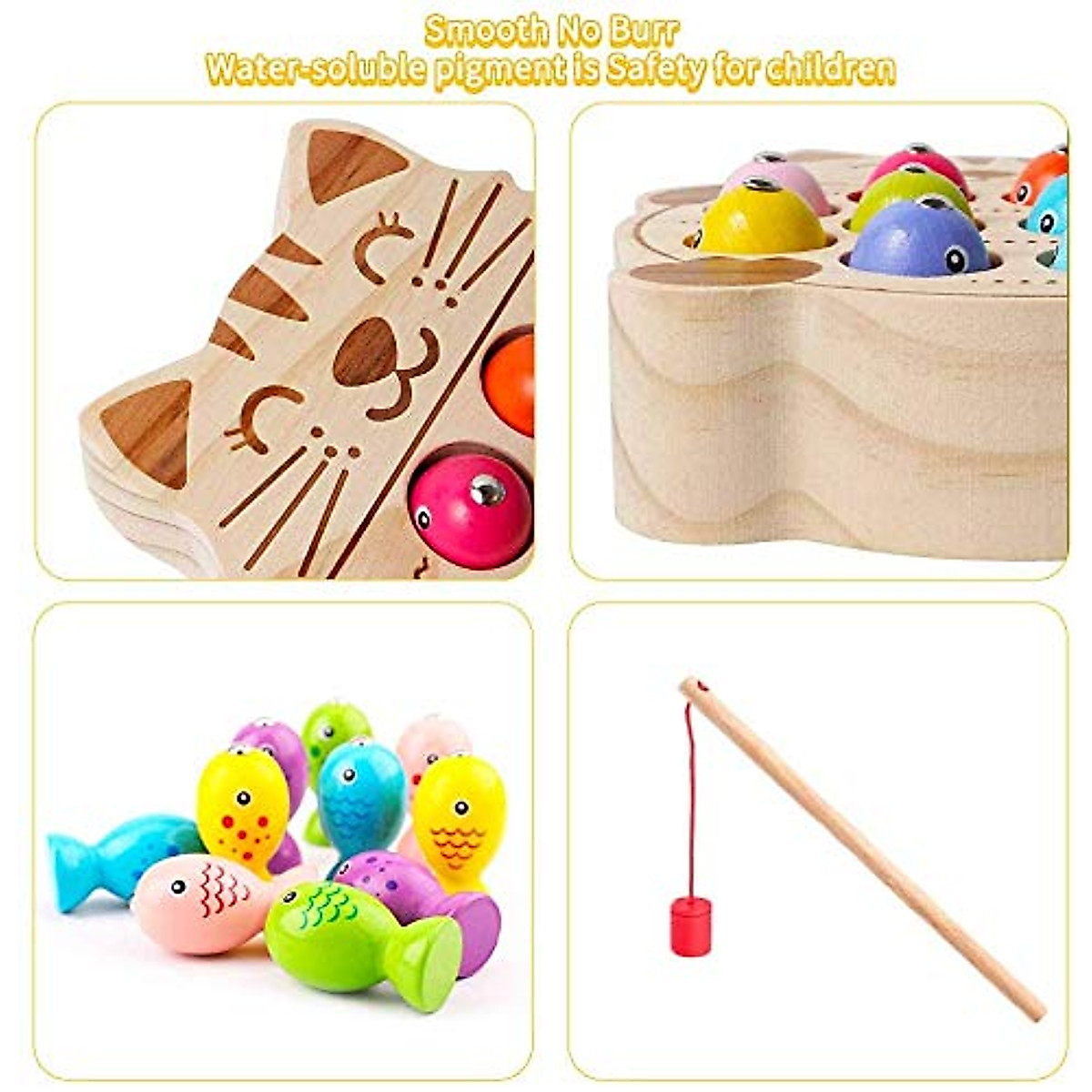 enlitoys Wooden Fishing Game Montessori Toys for Toddlers Magnetic Cat-Shape Fishing Toy Fine Motor Skill Learning with Fishing Pole Fishes Preschool Gifts for Kids Children