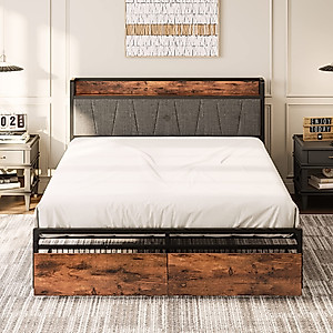 LIKIMIO Queen Bed Frame, Storage Headboard with Charging Station, Platform Bed with Drawers, No Box Spring Needed, Easy Assembly, Vintage Brown and Gray