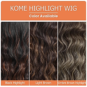 KOME Ombre Brown Wigs with Bangs,Brown Highlight Long Wavy Wig for Women,Long Curly Wigs Synthetic Hair Wig for Party Cosplay Daily Use 24IN