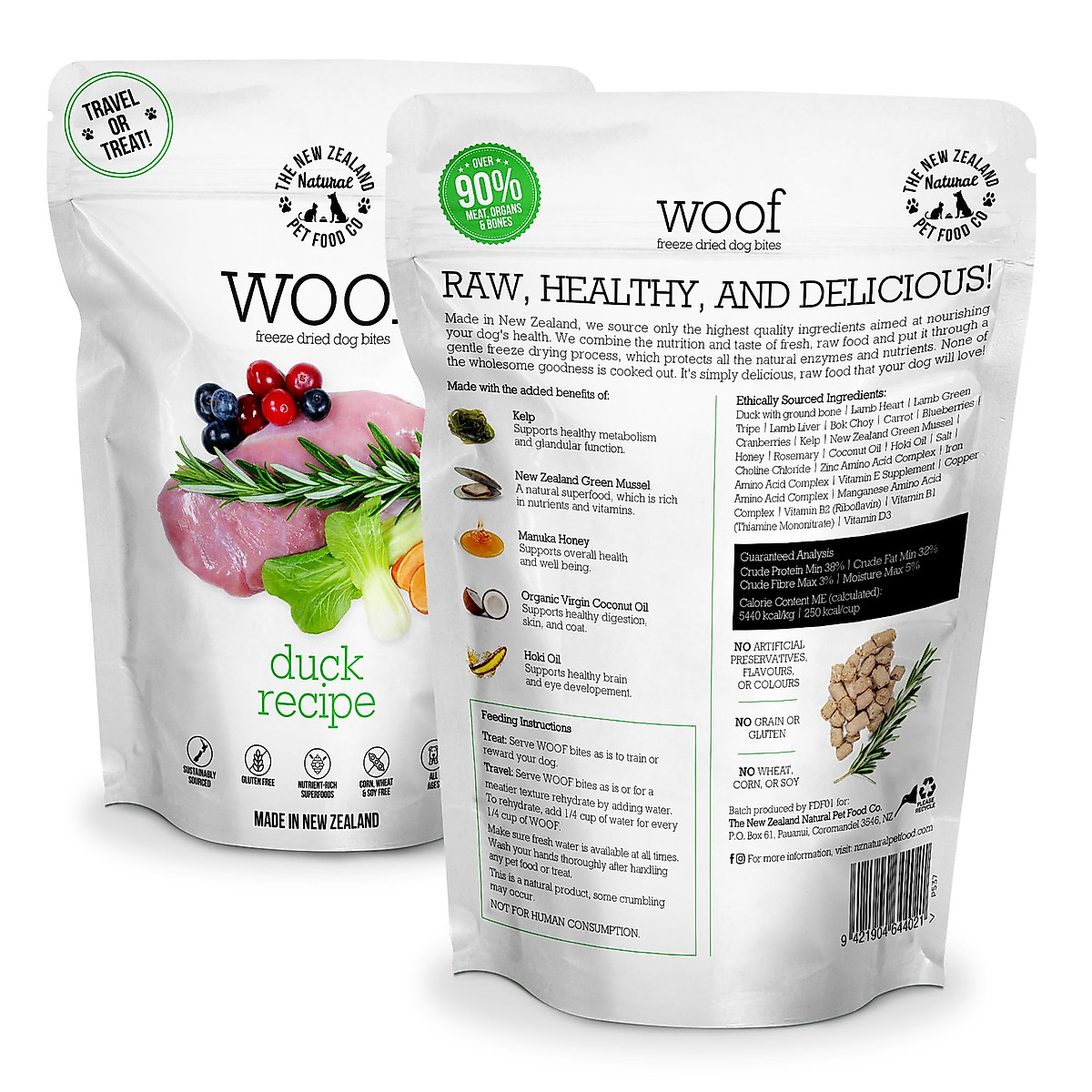 The New Zealand Natural Pet Food Co. Woof Freeze Dried Dog Food - Duck Recipe, High Protein, Complete Diet, Dog Treats, All Life Stages - 1.76 oz