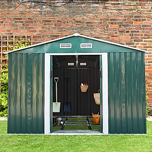 9.1' x 10.5' Large Outdoor Backyard Garden Storage Sturdy Shed Utility Tool Organizer w/Gable Roof, Double Lockable Sliding Door, 4 Vents, Stable Base - Green