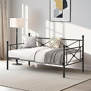 VECELO Twin Daybed with Headboard, Heavy-Duty Metal Slats Support, Sofa Bed Platform Mattress Foundation for Living Room, Guest Room, Easy Assembly, Black