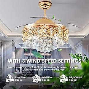 KPIBEST 42 Inch Crystal Ceiling Fan with Lights and Remote Control 3 Speed, Modern Luxury Retractable Chandelier Ceiling Fan with 3 Lights Level Silent Fans Fit for Living/Dining Room Bedroom