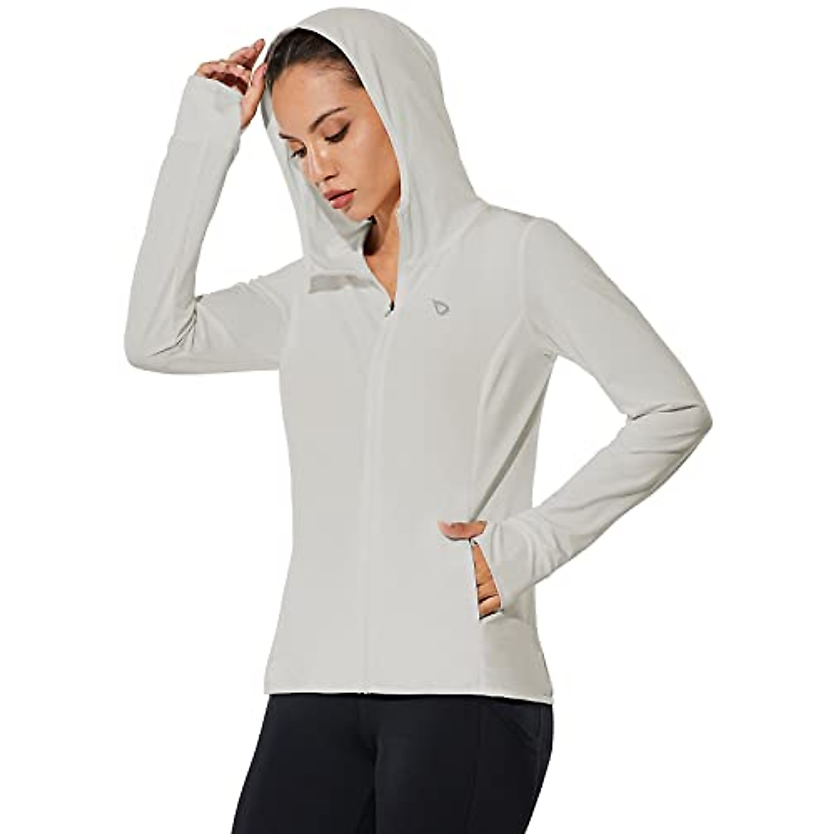 BALEAF Women's Long Sleeve Workout Shirts Lightweight Zip Up Hoodies Jackets SPF UPF 50 UV Sun Protection Quick Dry Oatmeal M