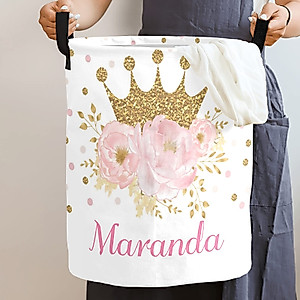 Personalized Freestanding Laundry Hamper, Custom Waterproof Collapsible Drawstring Basket Storage Bins with Handle for Clothes Crown Pink