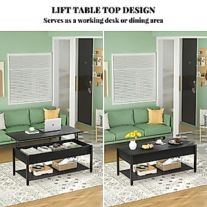 Homieasy Coffee Table, Lift Top Coffee Table with Storage Shelf and Hidden Compartment, Modern Lift Top Table for Living Room, Wood Lift Tabletop, Metal Frame - Black
