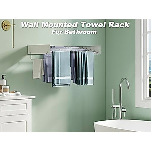 SKIKEN Wall Mounted Hidden Drying Rack for Laundry Room, Wall Compact Clothes Drying Rack, Space Saving Master, Collapsible and Pull-Out, 5 Stainless Steel Rods, 2 Towel Handles (Medium-32, White)