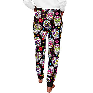 Women Halloween Sugar Skull Pajama Pants Day of The Dead Long Cotton Ankle Drawstring Joggers S