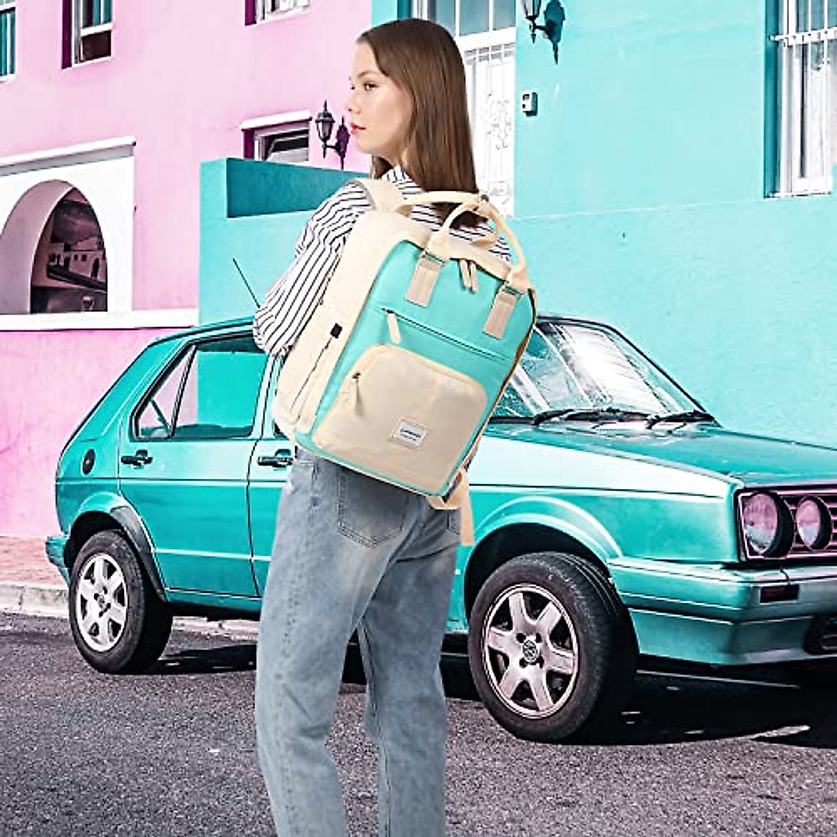 LOVEVOOK Laptop Backpacks for Women,Lightweight Cute Backpack with USB Charging Port Aesthetic Casual Travel Backpack 15.6 Inch,White&Green