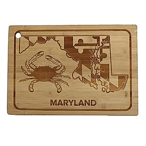 Route One Apparel | Crab and Maryland State Wooden Cutting Board, Heavy Duty with Juice Groove, Can be Used as Serving Tray, Bamboo Wood, 15.5" X 10.75" X 0.5"