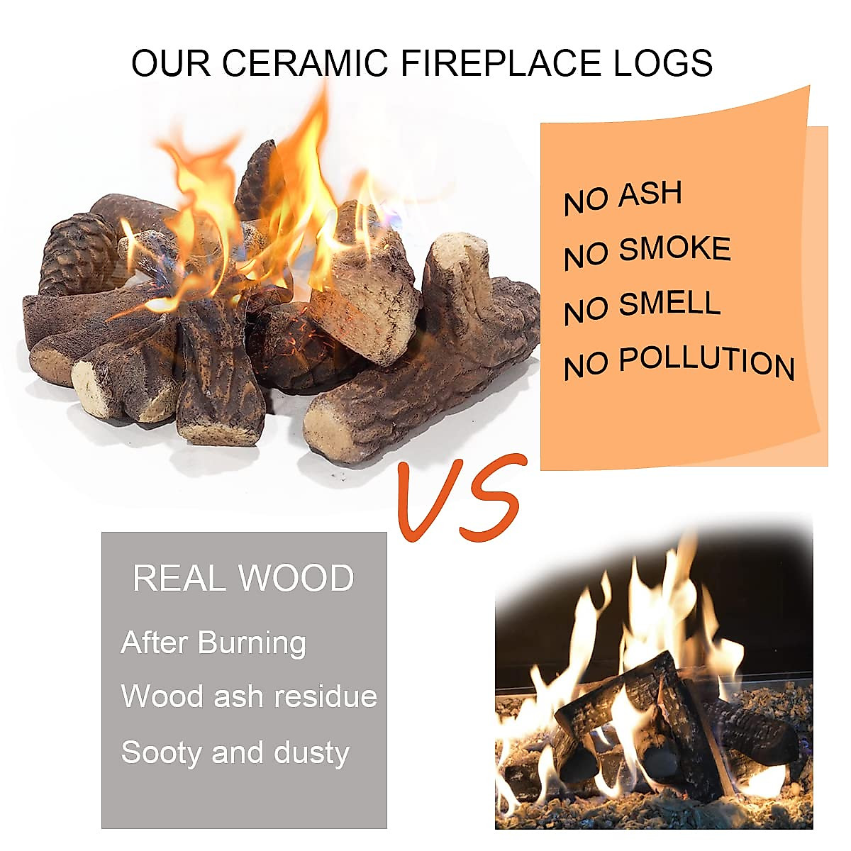 Skypatio Gas Fireplace Logs Set, 9 PCS Ceramic Wood Logs for Indoor or Outdoor Fireplace, Fire Pit Decor, Lightweight & Portable