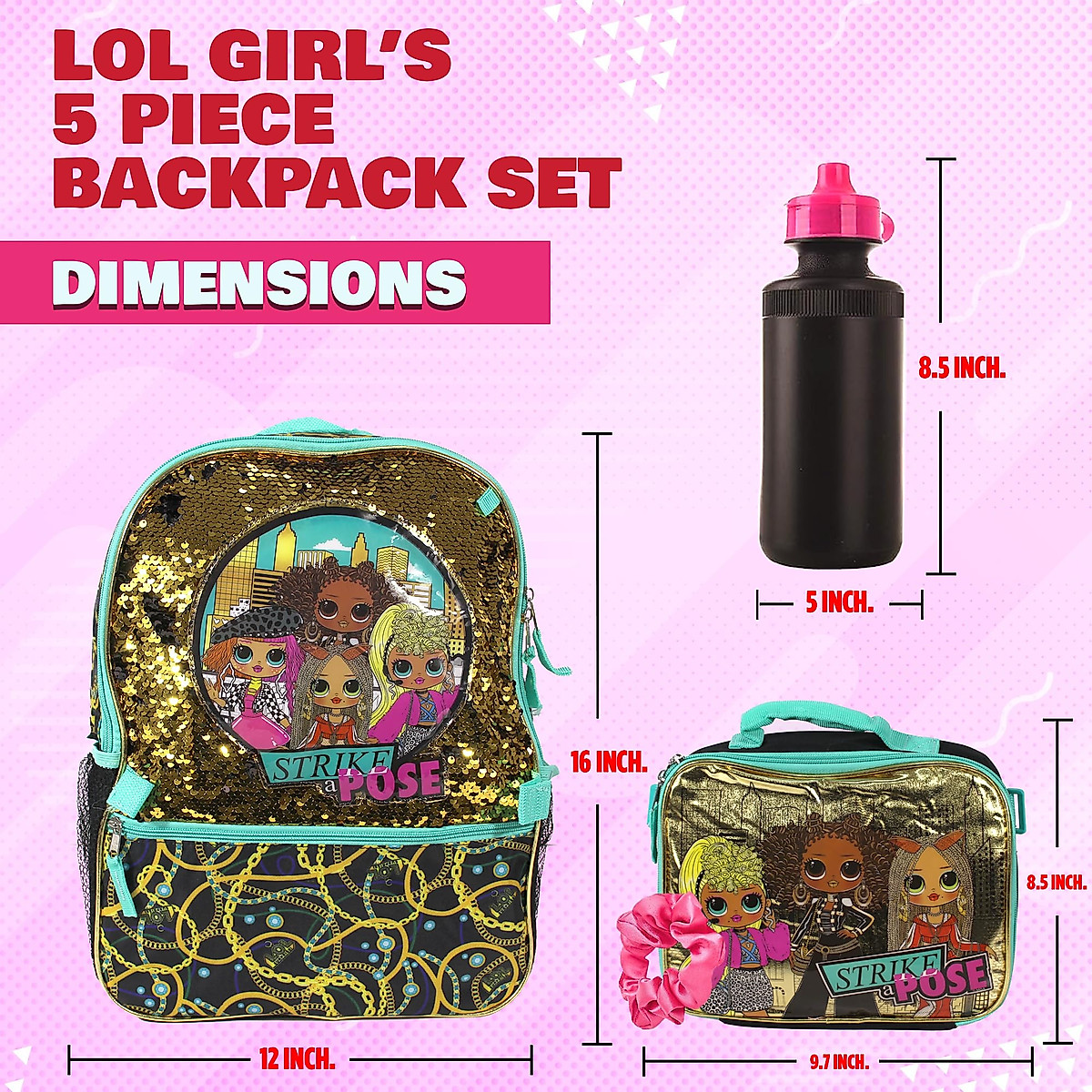 LOL Dolls 5 Piece Backpack Set for Girls, Brush Glitter Sequin School Bag with Front Panel and Mesh Pockets, Insulated Lunch Box, Water Bottle, Pencil Case and Hair Scrunchie, Black and Gold