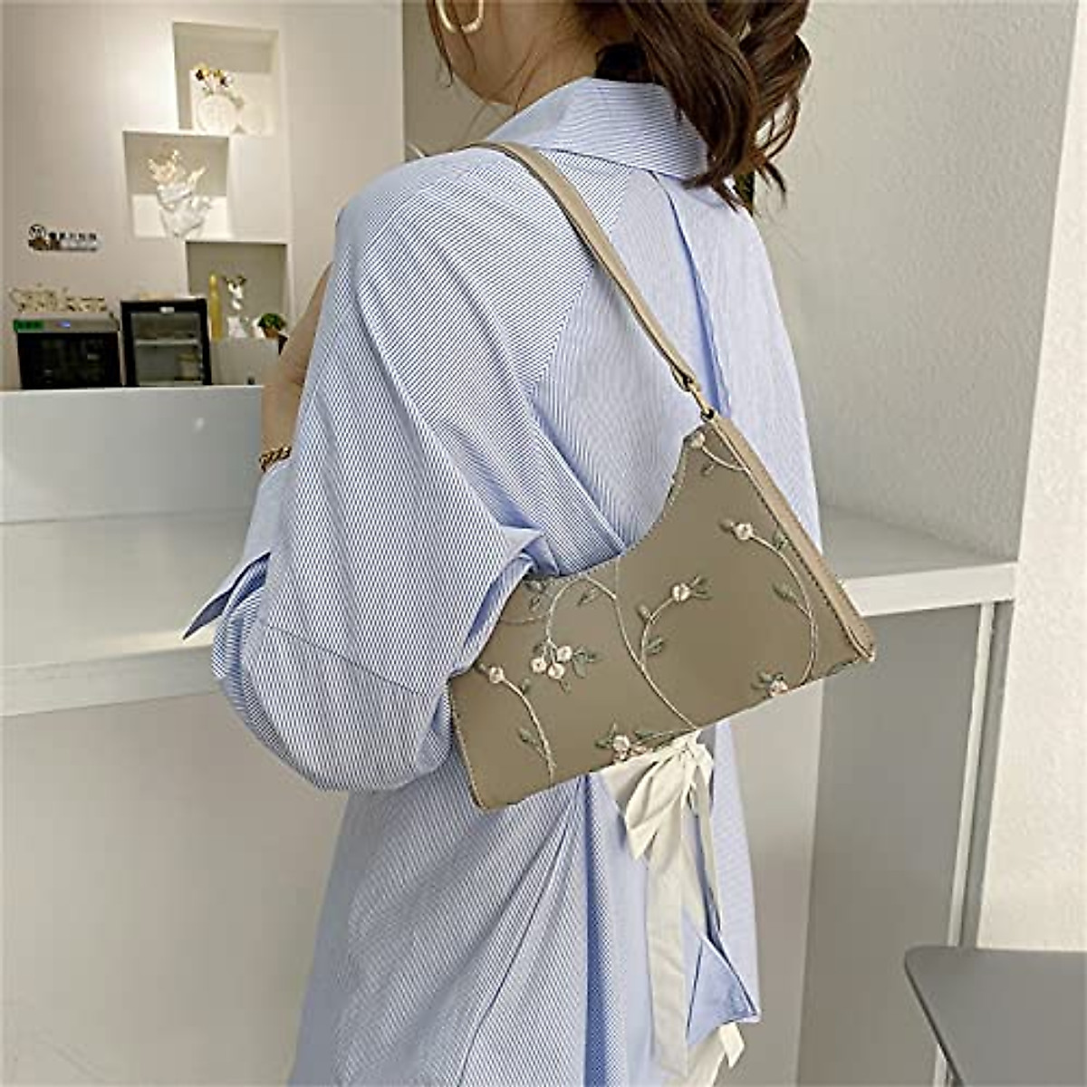 Kcocoo Shoulder Bags for Women, Cute Hobo Tote Handbag Mini Clutch Purse with Zipper Closure Floral Classic Crossbody Bag(Khaki,)