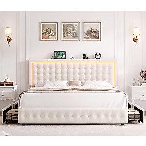 HIFIT Upholstered Full Size LED Bed Frame with Charging Station and 4 Large Storage Drawer, Velvet Button Tufted Full Platform Bed with Adjustable Headboard, No Box Spring Needed, Easy Assembly, Beige
