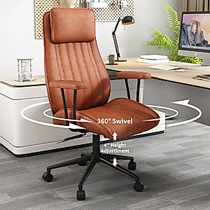 HONIFUR Leather Desk Chair, Vintage Executive Office Chair with Wheels and Arms, Height Adjustable Mid Century Desk Chair (Brown)