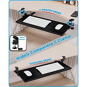 Clamp-On Under Desk Keyboard Tray, Keyboard Drawer for Corner Desk & Straight Edge Desk, Slide Out Keyboard Platforms for Home Office, White