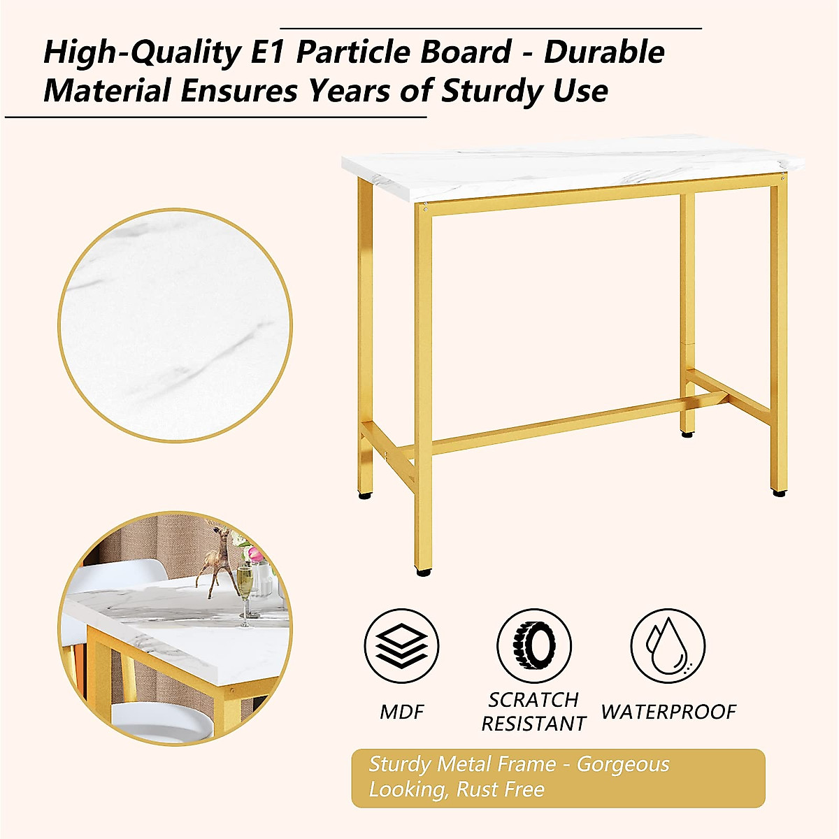 Recaceik Dining Table Set, 43.3” Rectangle Pub Bistro Dining Set Kitchen Table Set Bar Table with Backrest Stools, 5-Piece Breakfast Table Set with Metal Frame for Dining Room w/ 4 Chairs-Gold