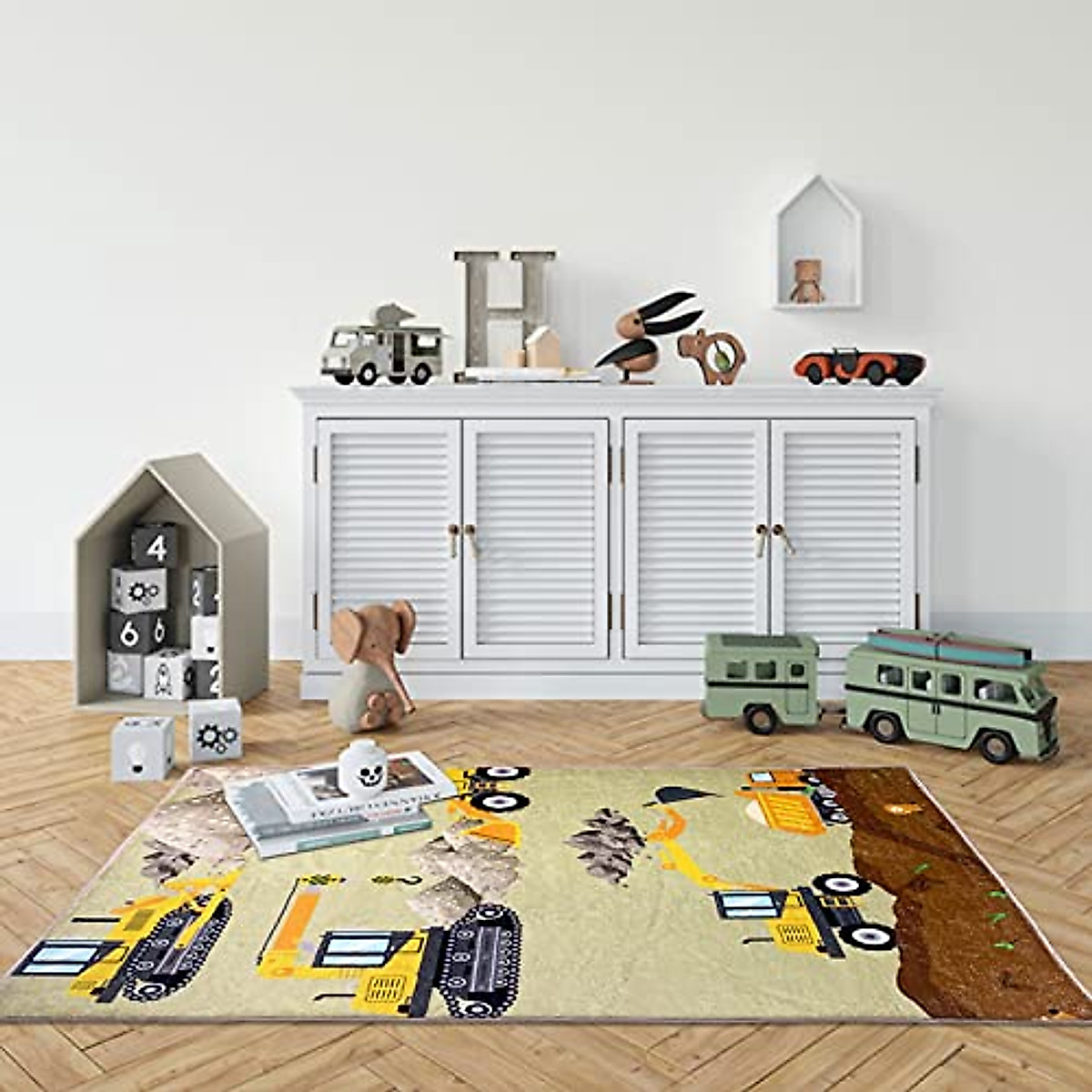 USTIDE Thick Kids Rug Play Mat 4'x6',Cartoon Construction Area Rug Excavator Digger Kids Carpet Boys Girls Bedroom Rugs Floor Carpet Playroom Rug Nonslip Crawling Mat Plush Nursery Rug