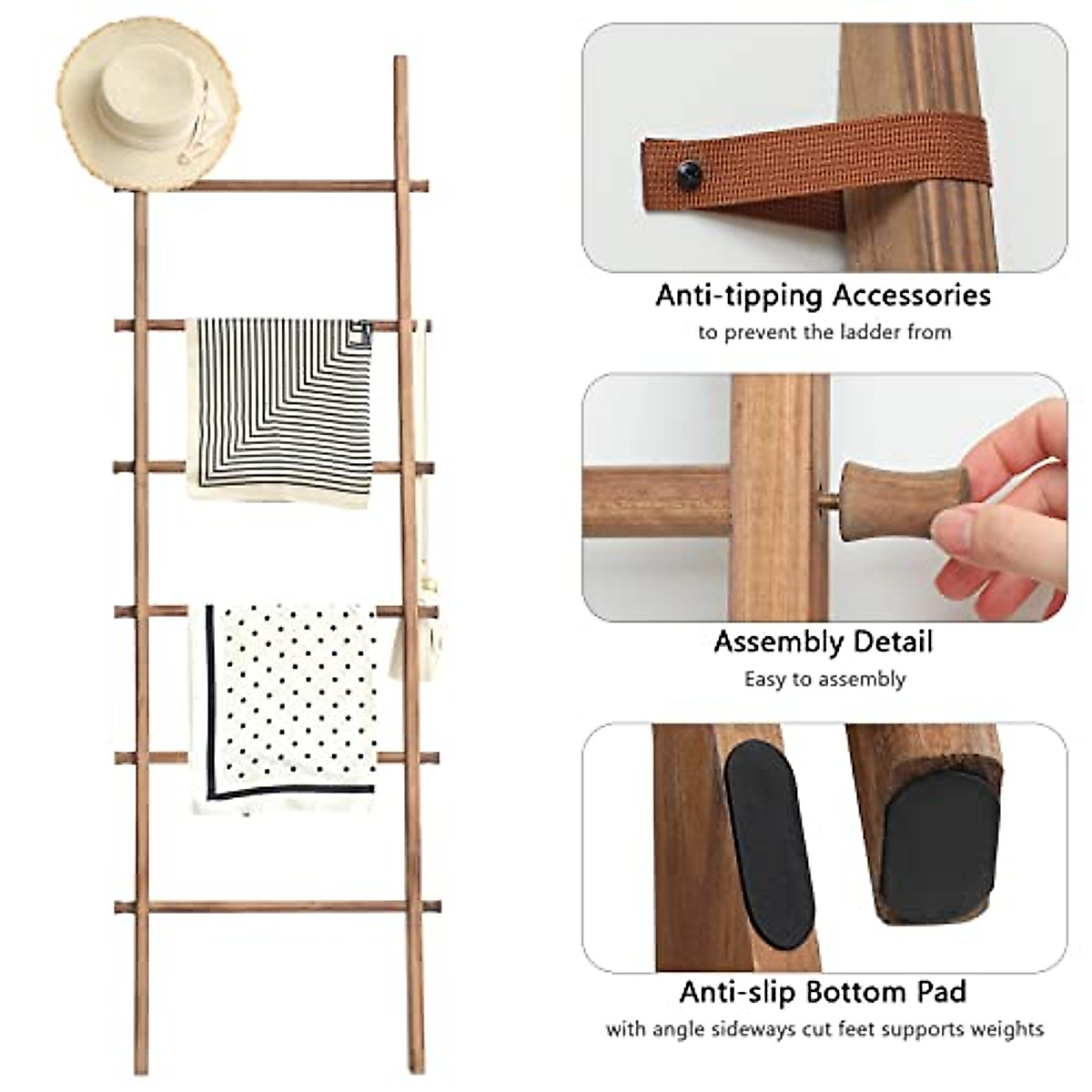 FUIN 6ft Wood Blanket Ladder Living Room Decorative Wall Leaning Farmhouse Quilt Display Holder Storage Rustic Wooden Towel Rack for Bathroom, Light Brown