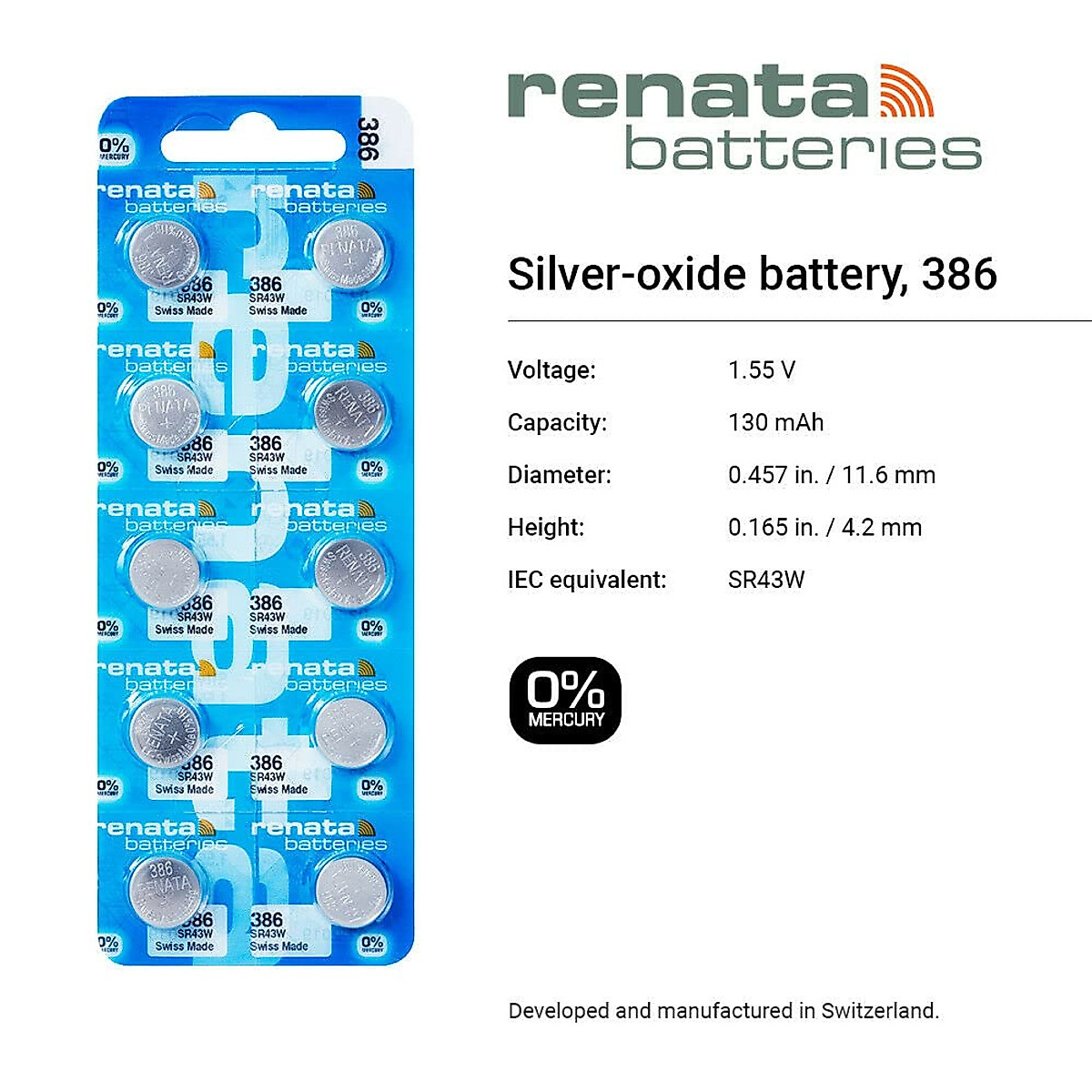 Renata 386 SR43W Batteries - 1.55V Silver Oxide 386 Watch Battery (2 Count)