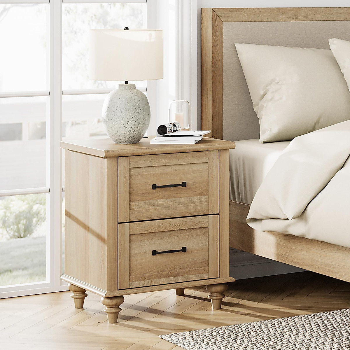 WAMPAT Night Stands for Bedrooms Set of 2 End Tables with Charging Station, 2 Drawer Nightstand Wooden Bedside Table, Farmhouse Side Table for Living Room, Oak