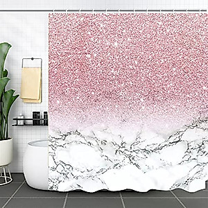 HEDYBARD 4 Pcs Pink Bathroom Shower Curtain Set with Waterproof Shower Curtain, Non-Slip Soft Flannel Rugs, Toilet Lid Cover, Bath Mat and 12 Hooks for Home Decorations, Pink, 72"x72"