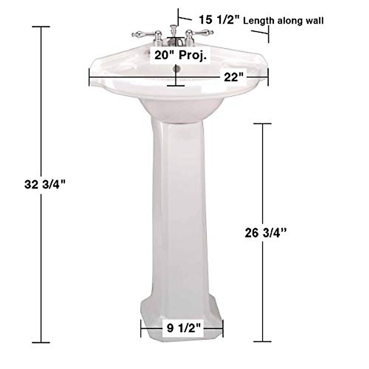 Portsmouth 22 Inch Corner Pedestal Bathroom Sink Small White - Overflow and Pre-Drilled 4 in. Centerset Faucet Holes - Grade A Porcelain Easy Clean and Install Renovators Supply Manufacturing