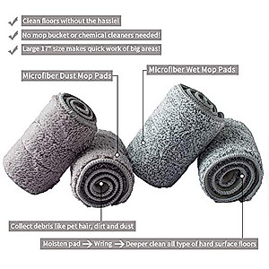 TAINER Microfiber Commercial Wet Mop Flat Floor Dust 17" 18" Inch for Hardwood Laminate Tile Cleaning, Stainless Handle and Alloy Mop Head - 4 Reusable Mop Pads + 1 Dirt Removal Scrubber (PT12-WHITE)